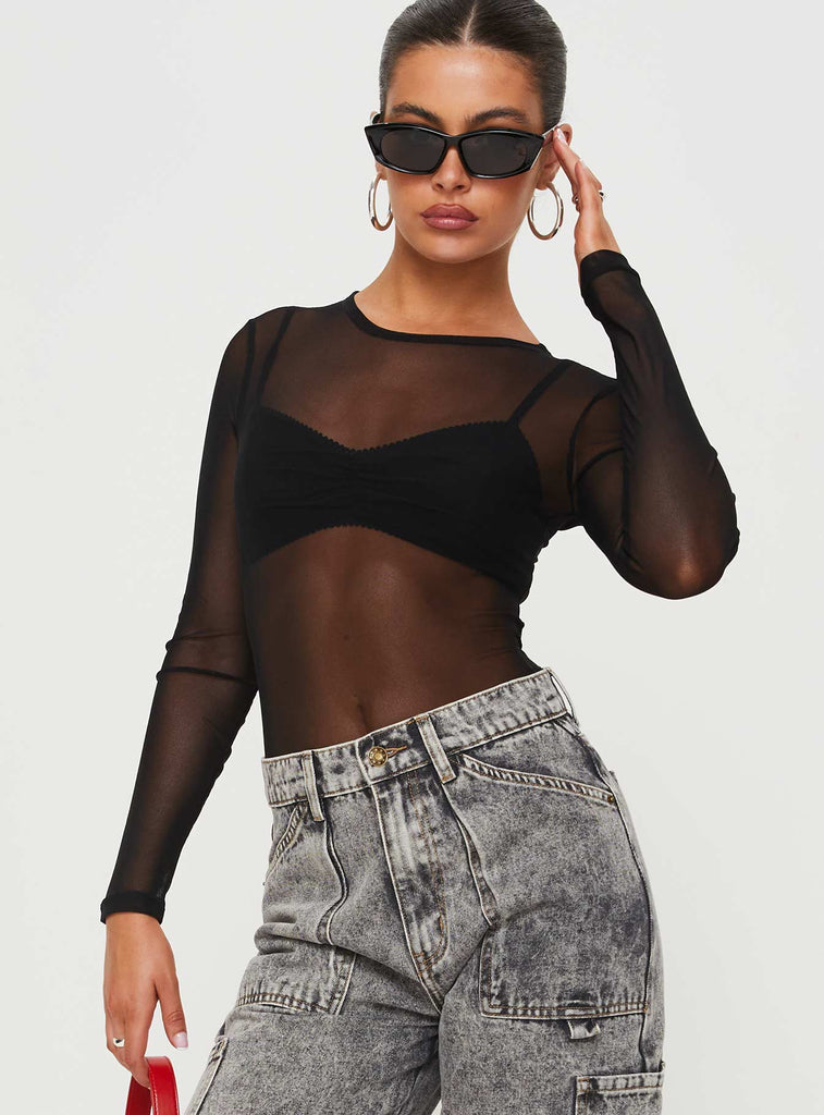Minsky Long Sleeve Mesh Bodysuit Black | Princess Polly