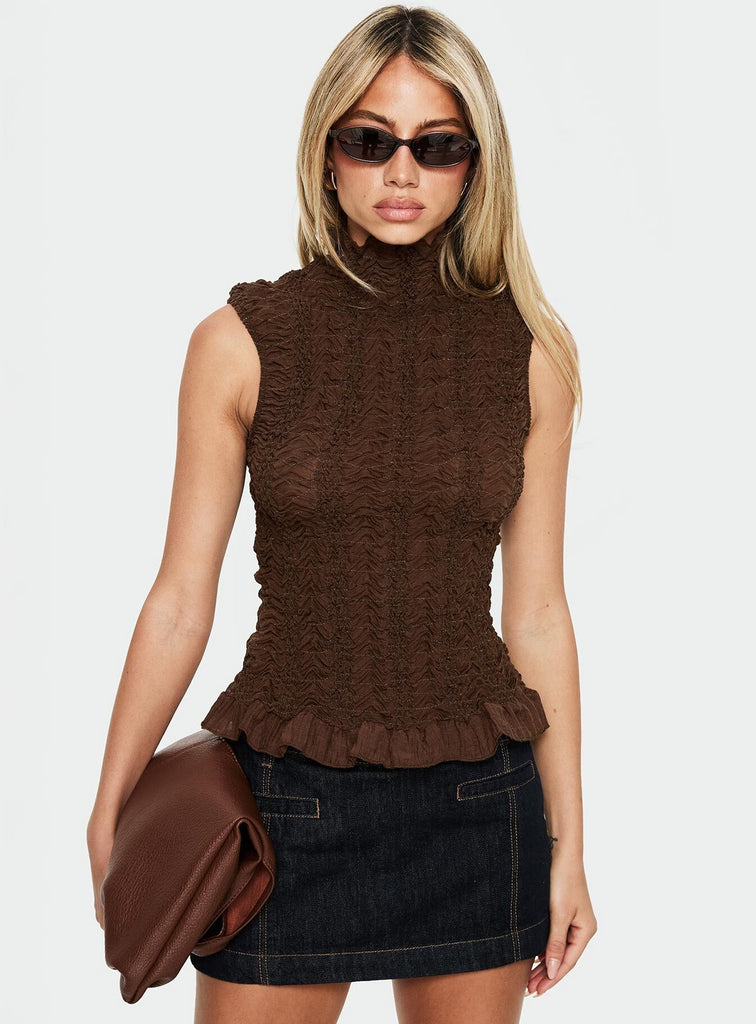 Danira High Neck TextuRed Top Brown | Princess Polly