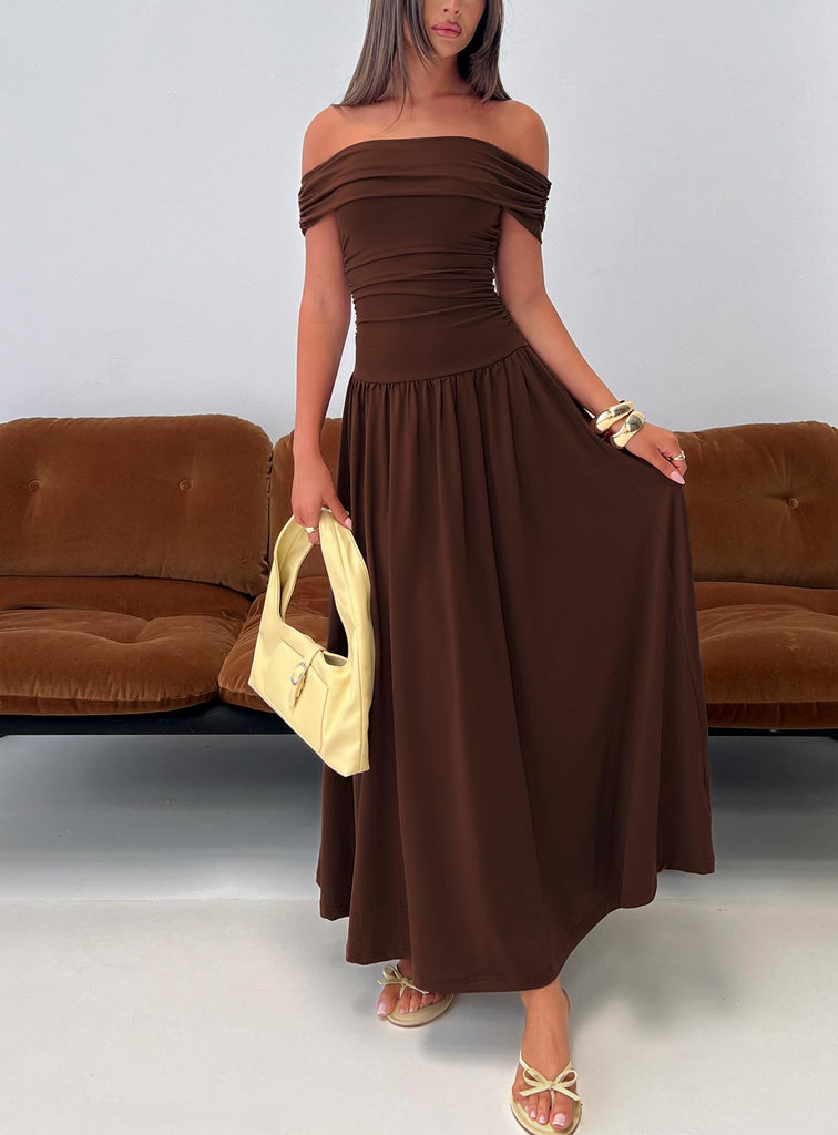 Katalia Off Shoulder Maxi Dress Chocolate Brown | Princess Polly