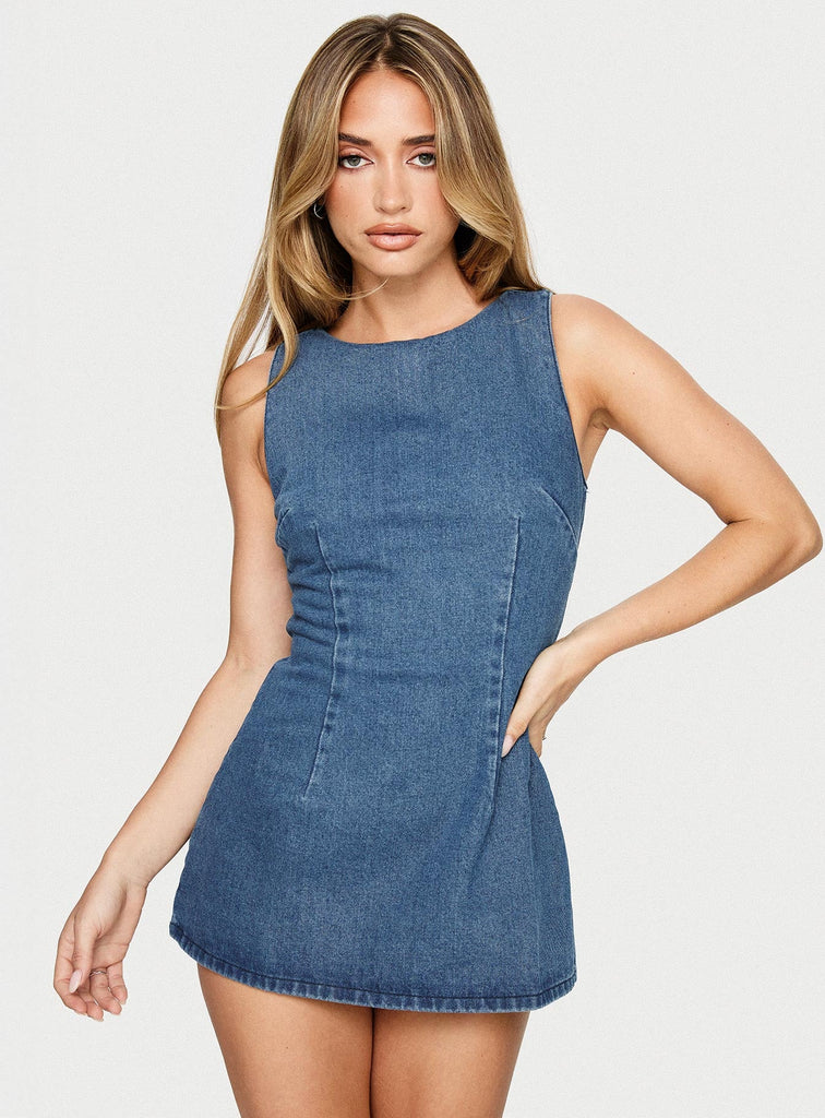 Ainsleigh Shift Denim Playsuit Mid Blue Wash | Princess Polly