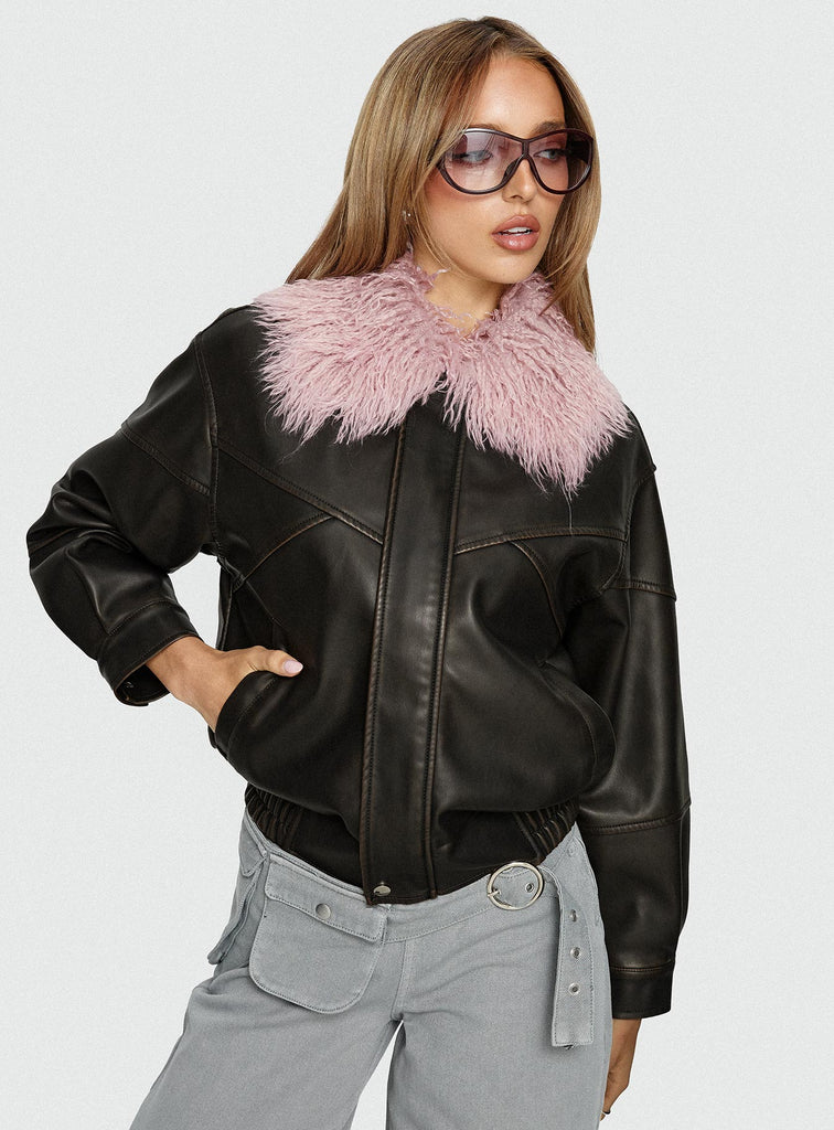 Brittanni Fluffy Collar Jacket Brown / Pink | Princess Polly