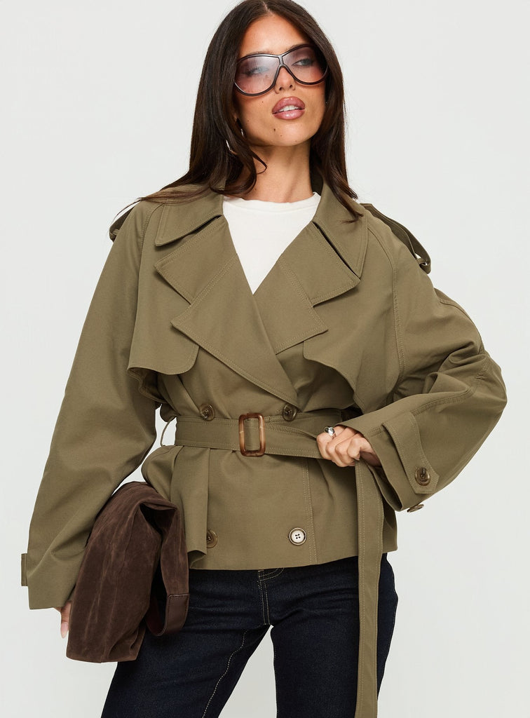 Eldora Cropped Trench Coat Green | Princess Polly