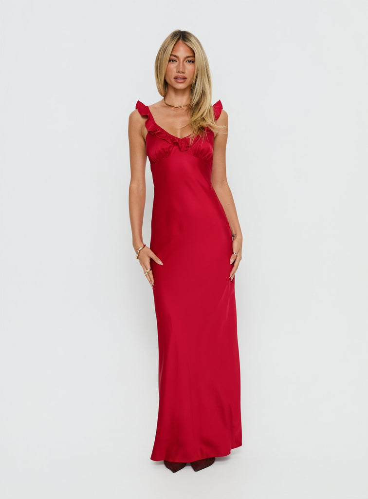 Ondrea Frill V Neck Maxi Dress Red | Princess Polly