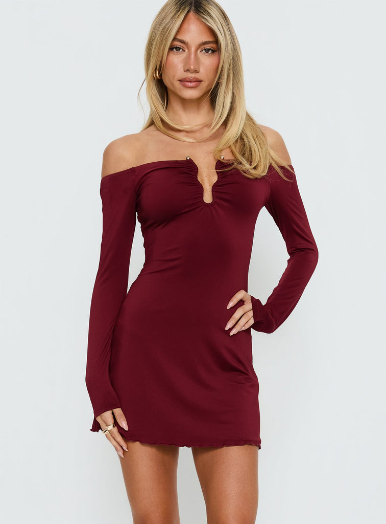 Imeralda Hardware Long Sleeve Mini Dress Burgundy | Princess Polly