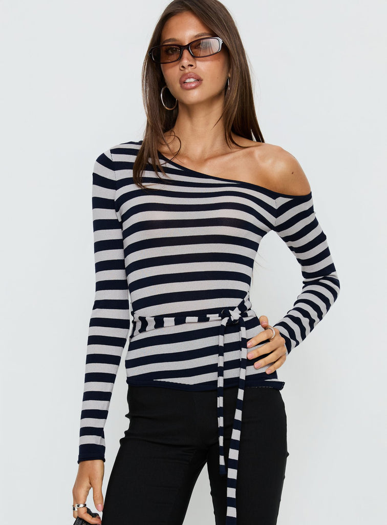 Kastor One Shoulder Long Sleeve Top Grey Stripe | Princess Polly