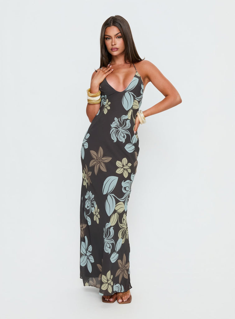 Esmira Halter Maxi Dress Chocolate / Blue Floral | Princess Polly