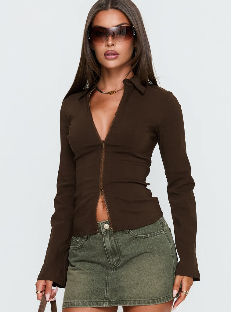 Aviela Zip Up Long Sleeve Top Brown | Princess Polly
