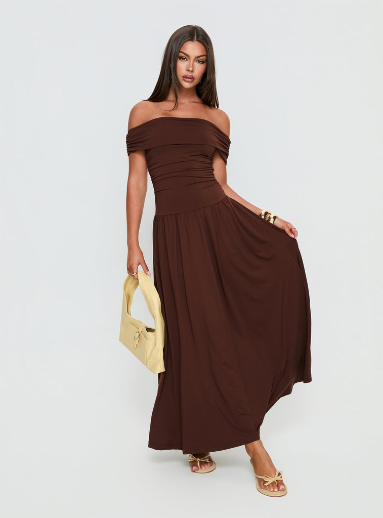 Katalia Off Shoulder Maxi Dress Chocolate Brown | Princess Polly