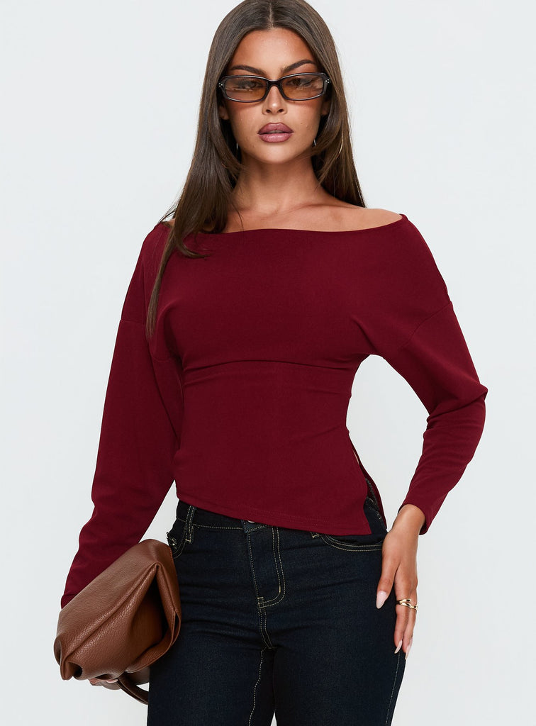 Cieara Off Shoulder Long Sleeve Top Burgundy | Princess Polly