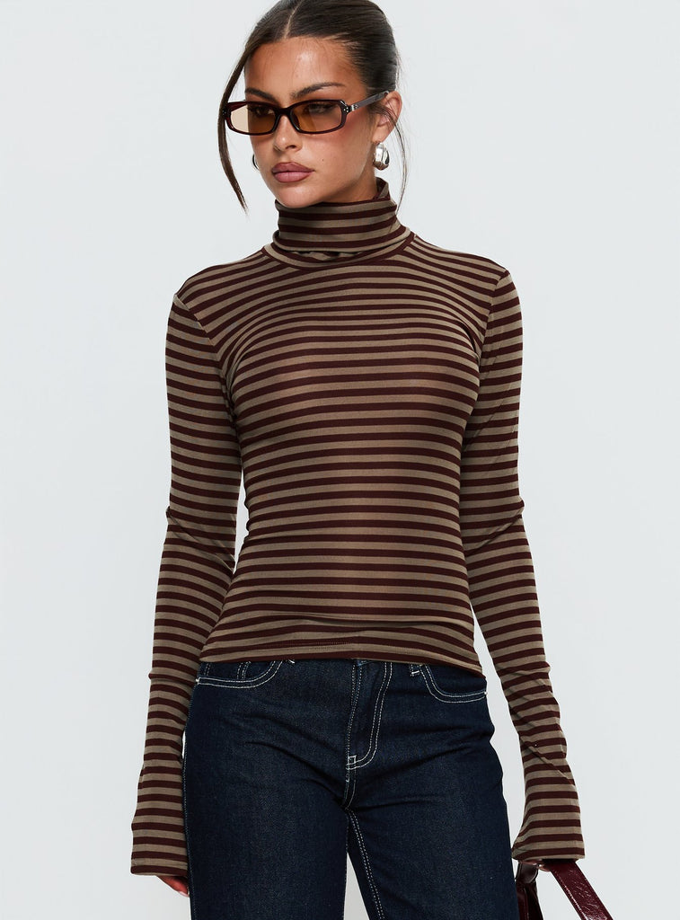 Temika Long Sleeve Backless Top Brown Stripe | Princess Polly