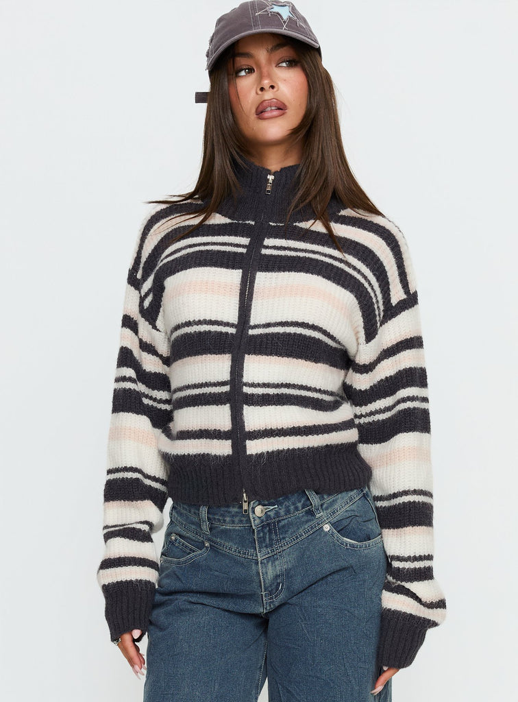 Tetra Zip Through Knit Sweater Pink Stripe | Princess Polly
