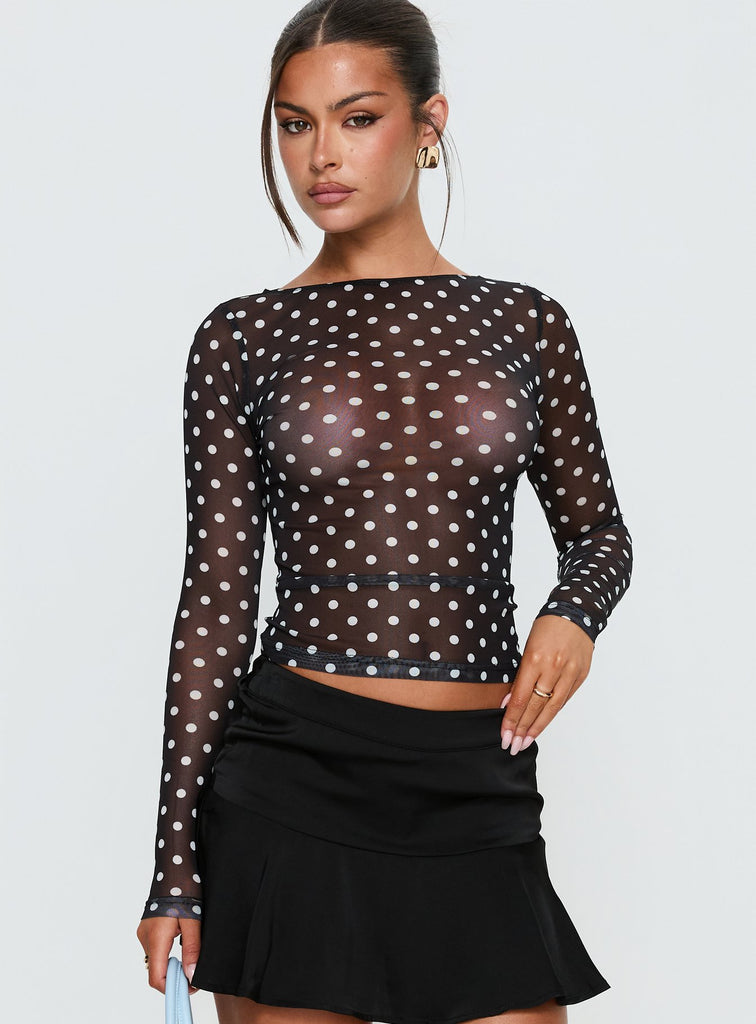 Rosenda Mesh Long Sleeve Top Black / White Polka | Princess Polly
