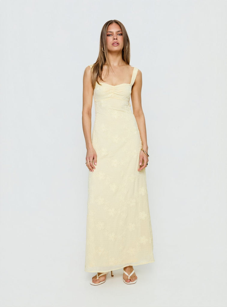 Maisone Broderie Maxi Dress Lemon | Princess Polly