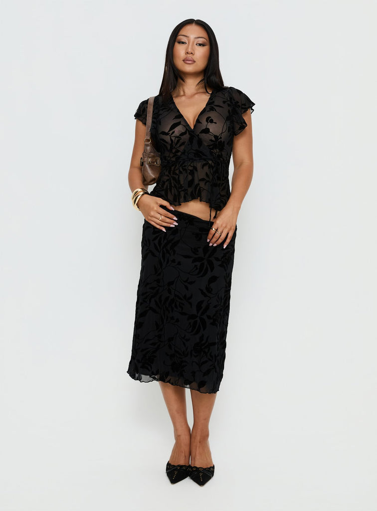 Atira Midi Skirt Leaf Flower Black | Princess Polly