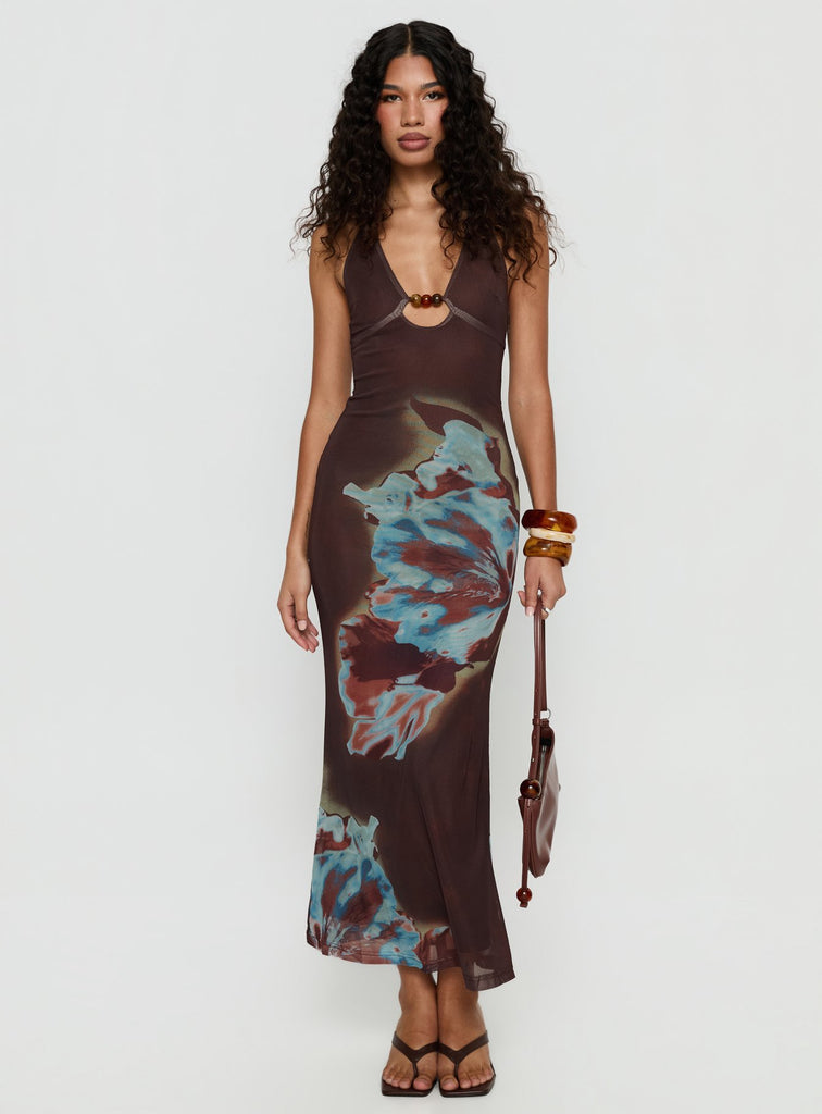 Maritsa Halter Beaded Maxi Dress Brown Floral | Princess Polly