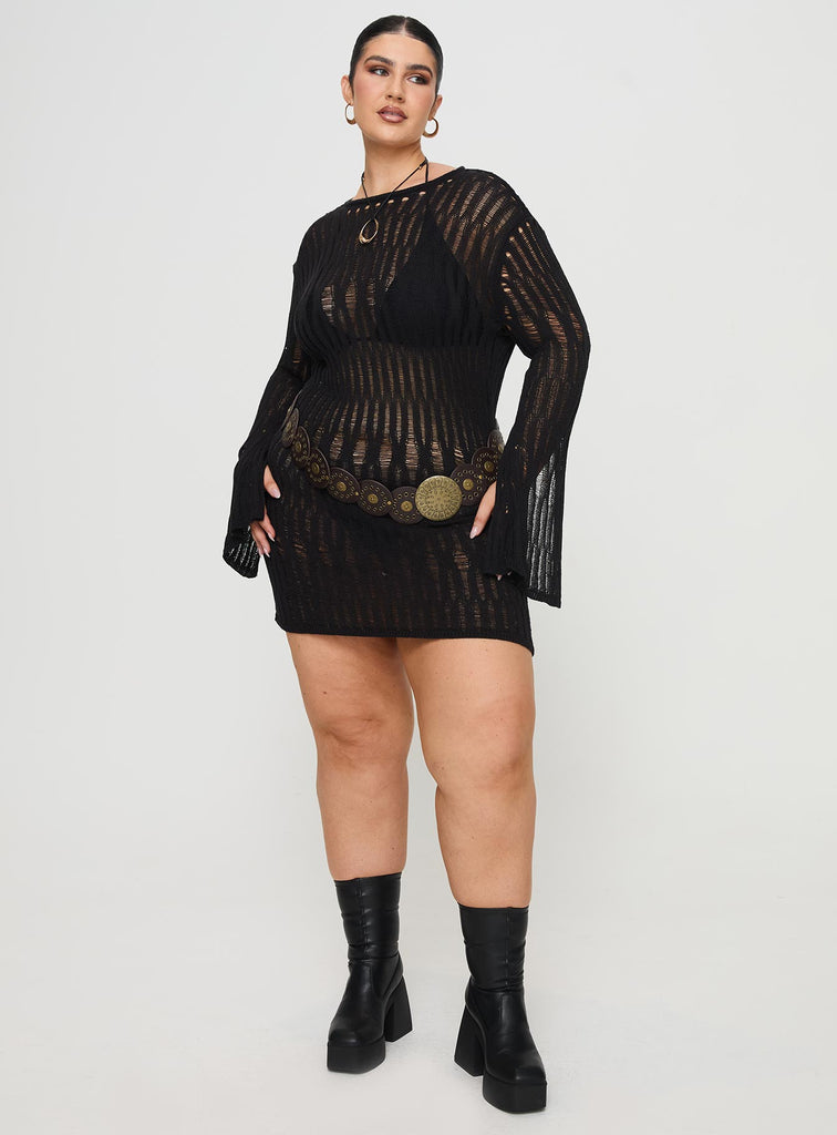 Cylian Long Sleeve Knit Mini Dress Black Curve | Princess Polly