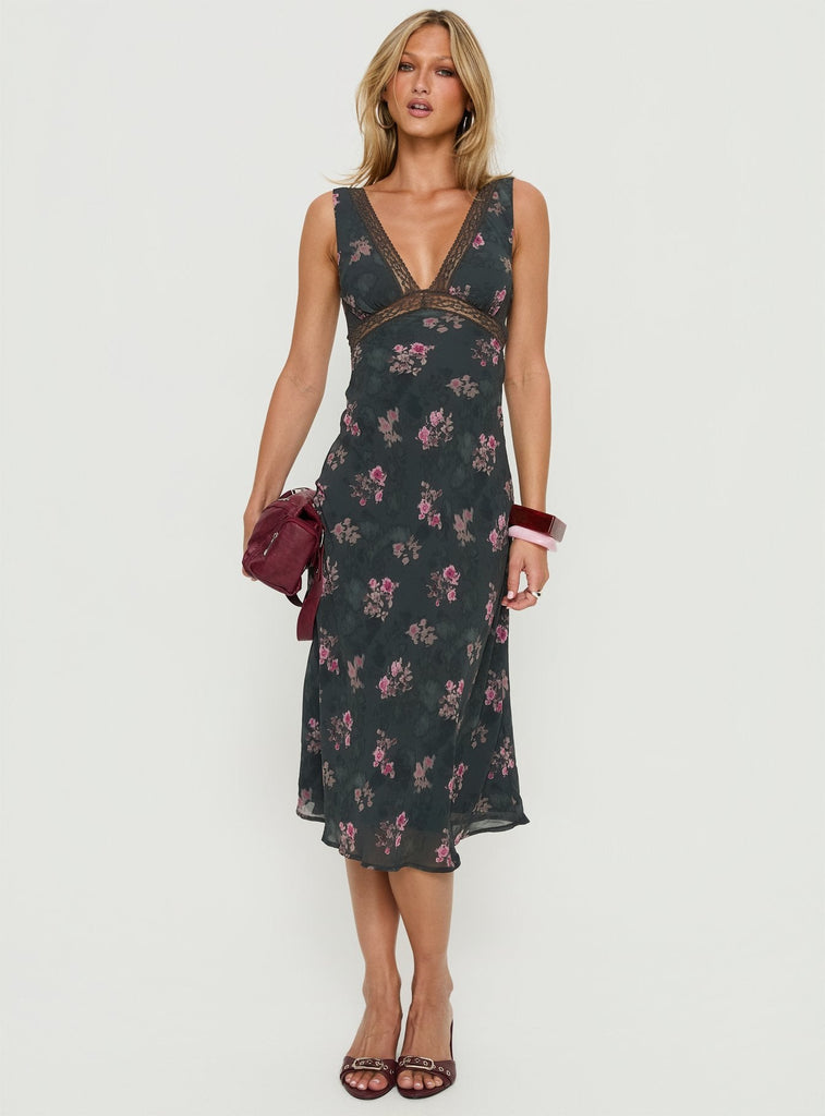 Kenadi Backless Lace Bust Bias Midi Dress Black Floral | Princess Polly