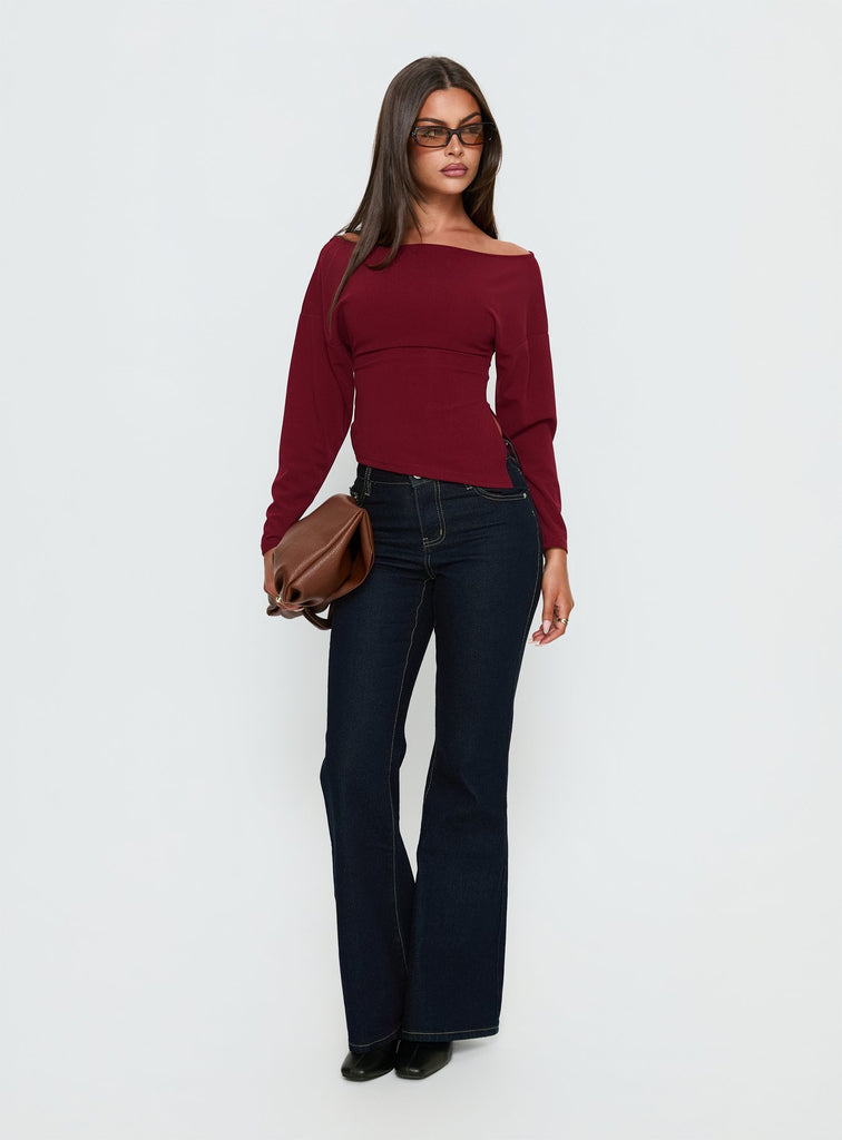 Cieara Off Shoulder Long Sleeve Top Burgundy | Princess Polly