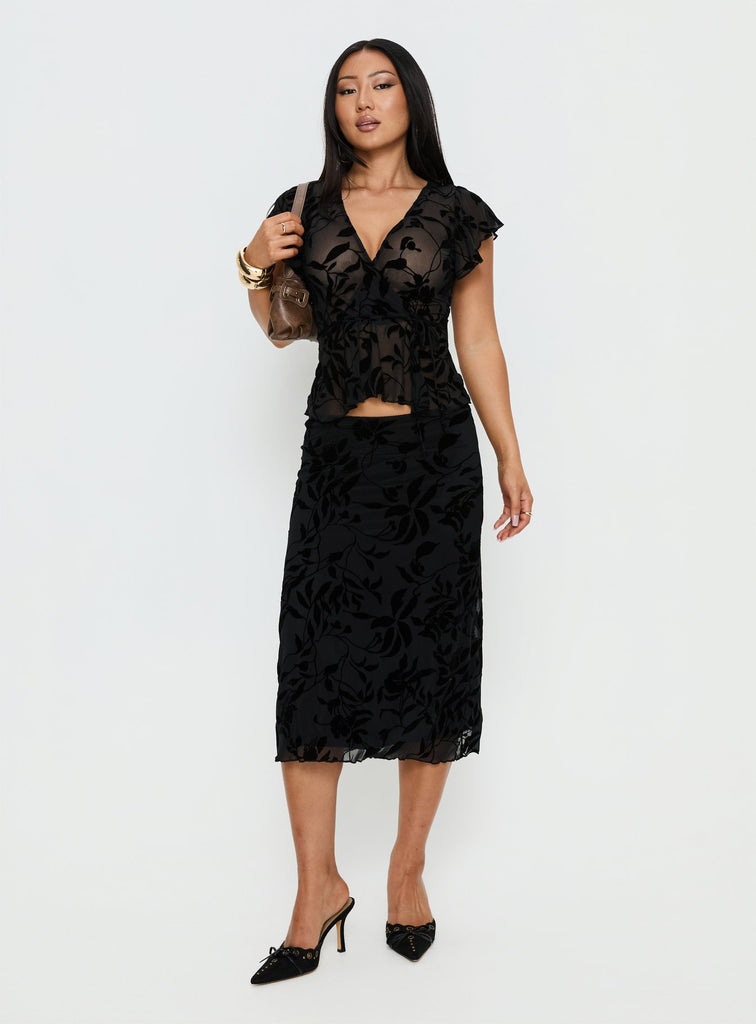 Atira Midi Skirt Leaf Flower Black | Princess Polly