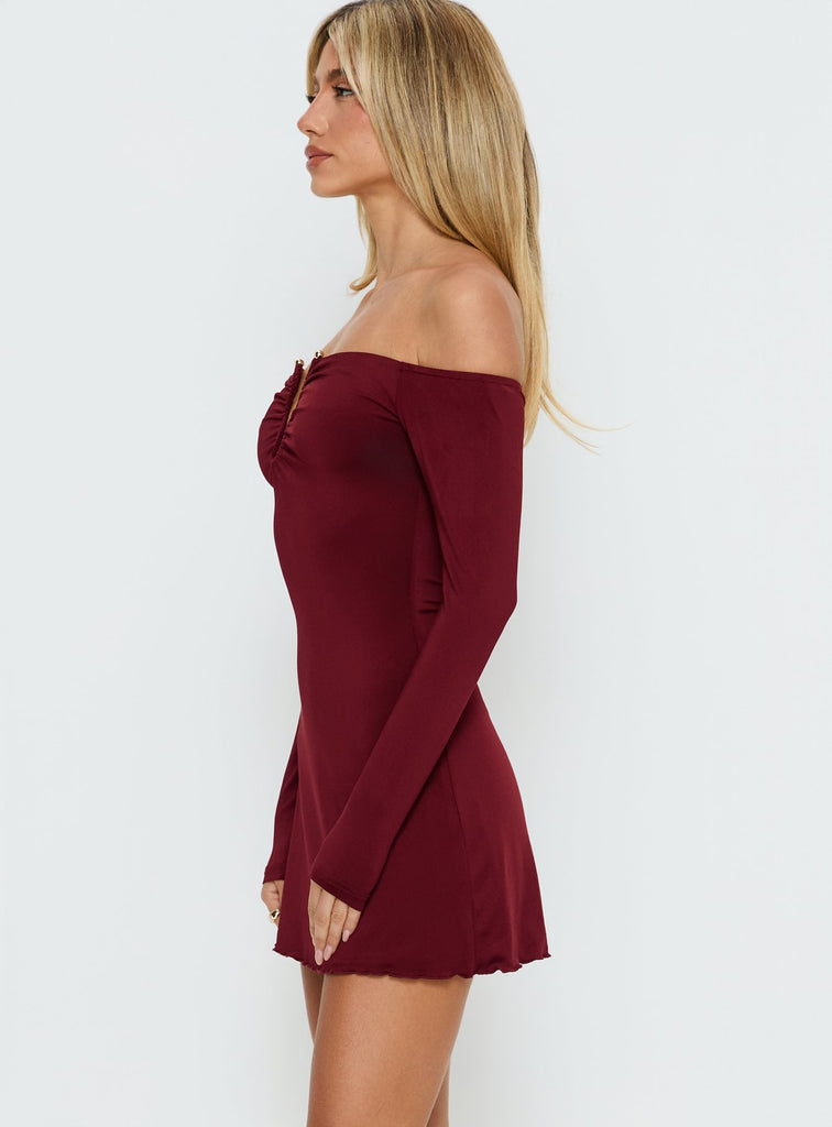 Imeralda Hardware Long Sleeve Mini Dress Burgundy | Princess Polly